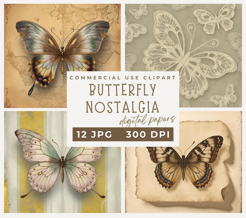 Vintage Butterfly Digital Paper, Butterfly Nostalgia, Vintage ...