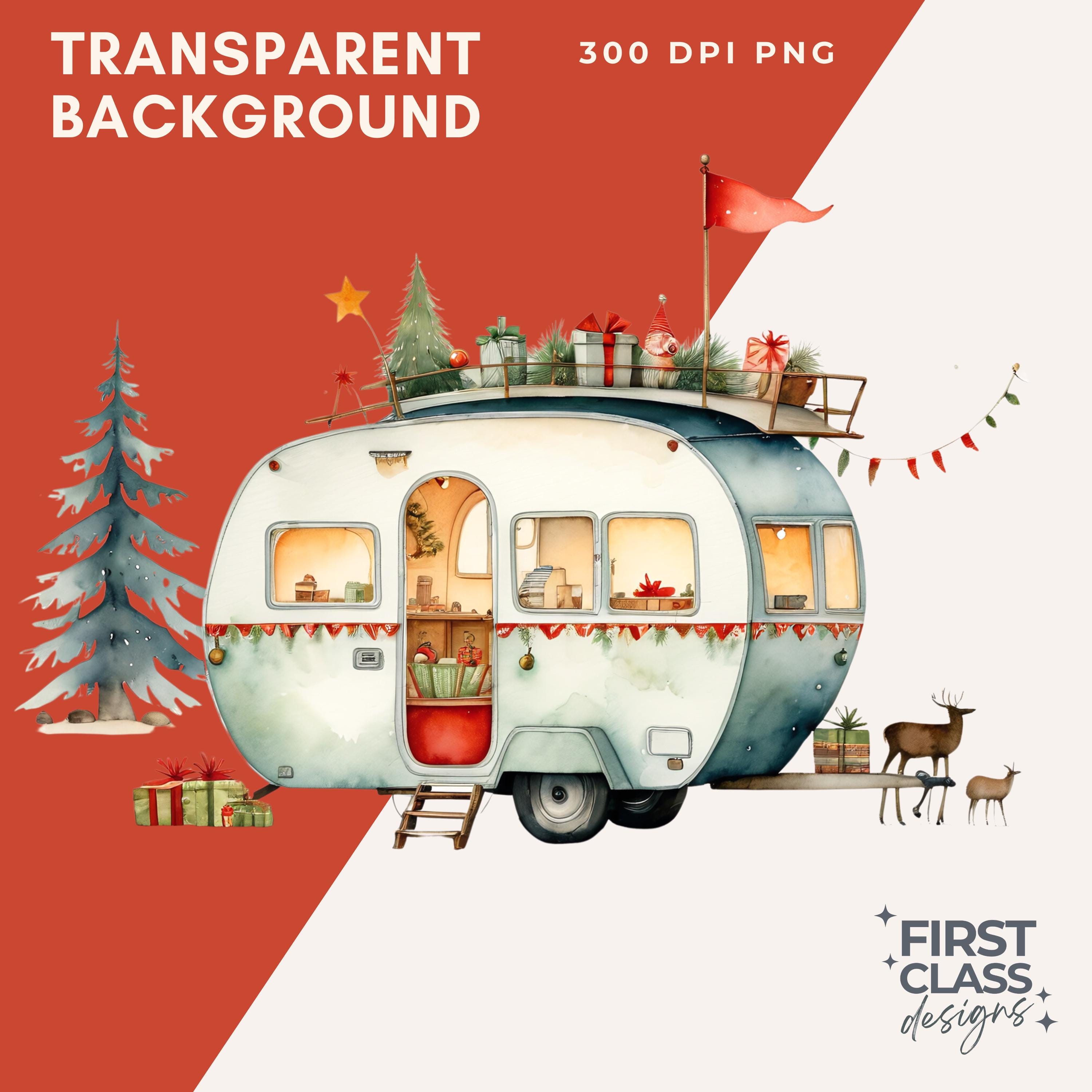 Christmas Caravan Clipart, Watercolor Mini Camper Christmas PNG ...