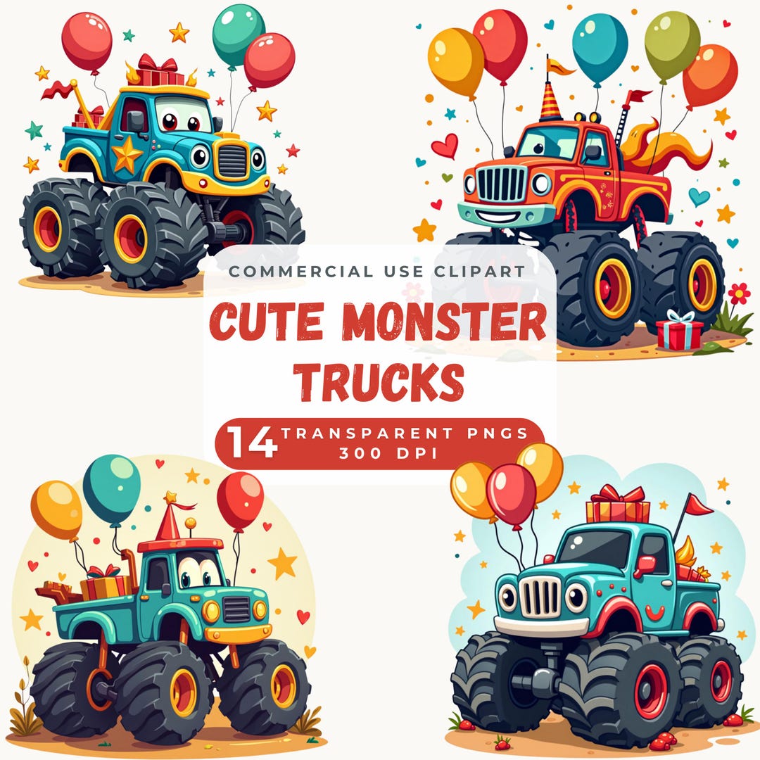 Cute Monster Truck Clipart, Cute Offroad Truck Clip Art PNG, Kids ...
