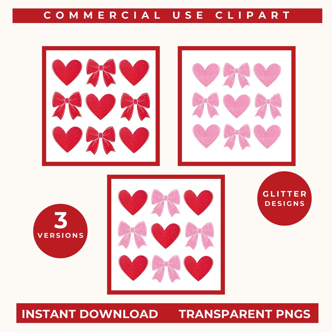 Bows and Hearts Clipart, Coquette Bow Clip Art, Pink Glitter Hearts and ...
