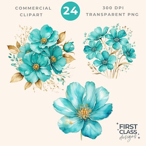 Turquoise Flowers Clipart, Turquoise Floral Clip Art PNG, Watercolor ...