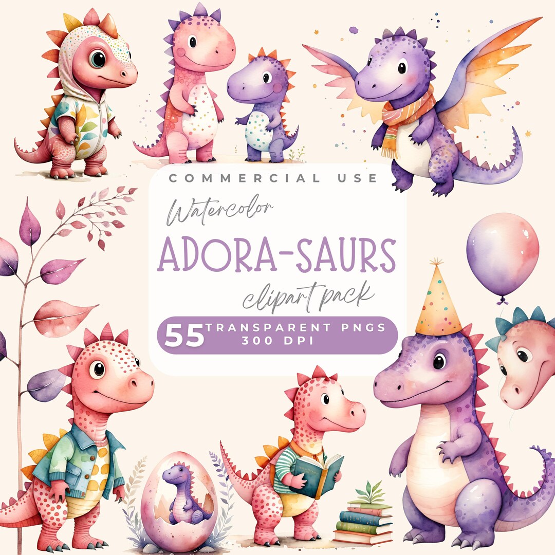 Girly Dinosaur Clipart, Watercolor Dinosaur Clipart Cute, Pink and ...