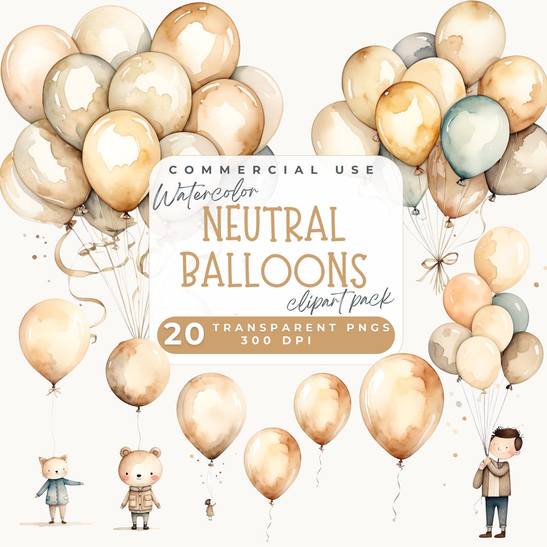 Neutral Balloon Clipart, Neutral Balloons Watercolor Clipart, Balloons ...