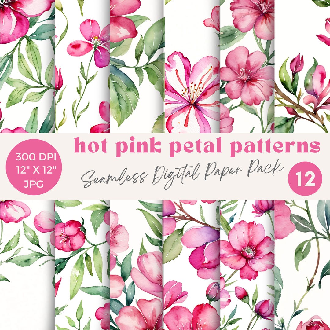 Bright Pink Floral Digital Papers, Hot Pink Floral Seamless Patterns ...