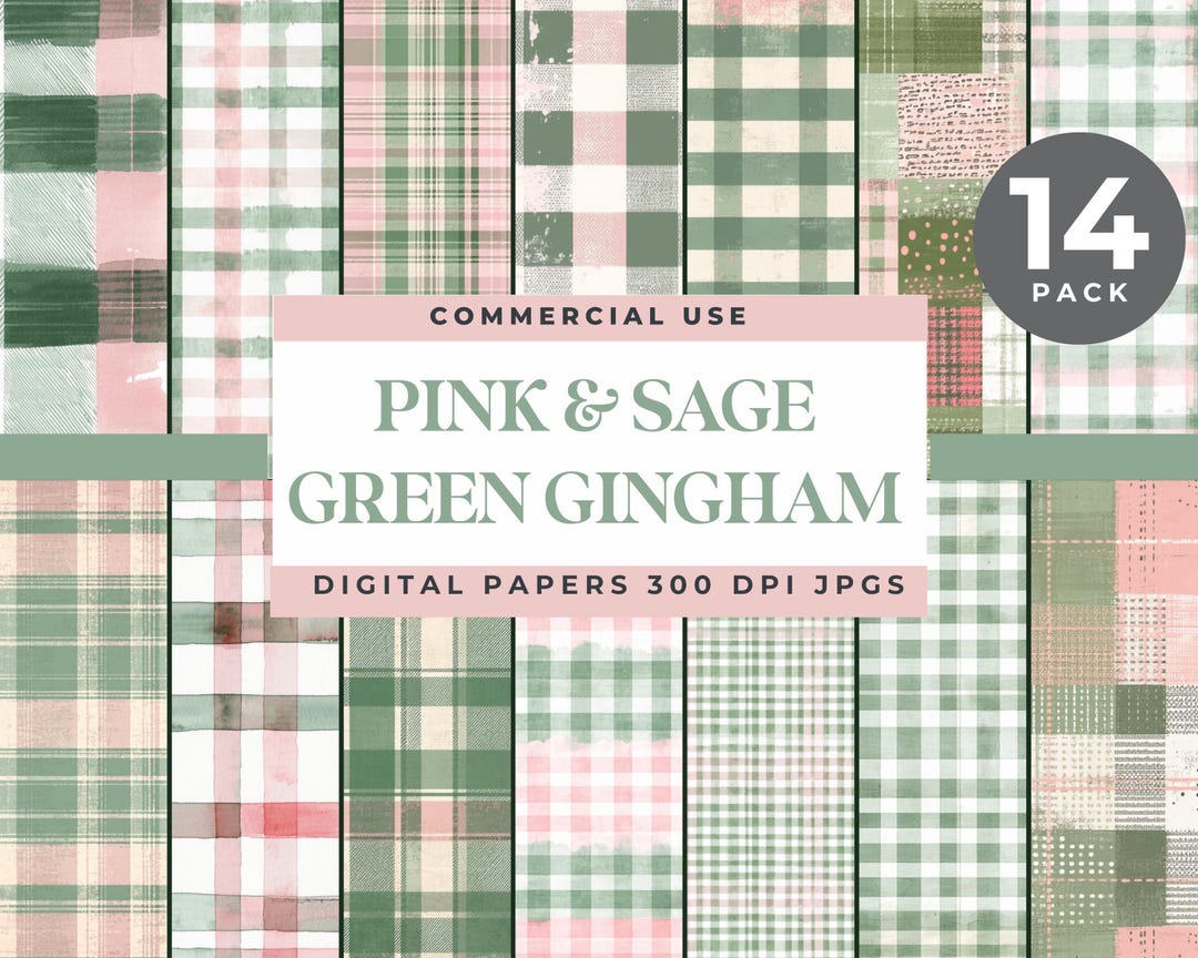 Sage Green and Pink Gingham Digital Paper, Pastel Check Seamless ...