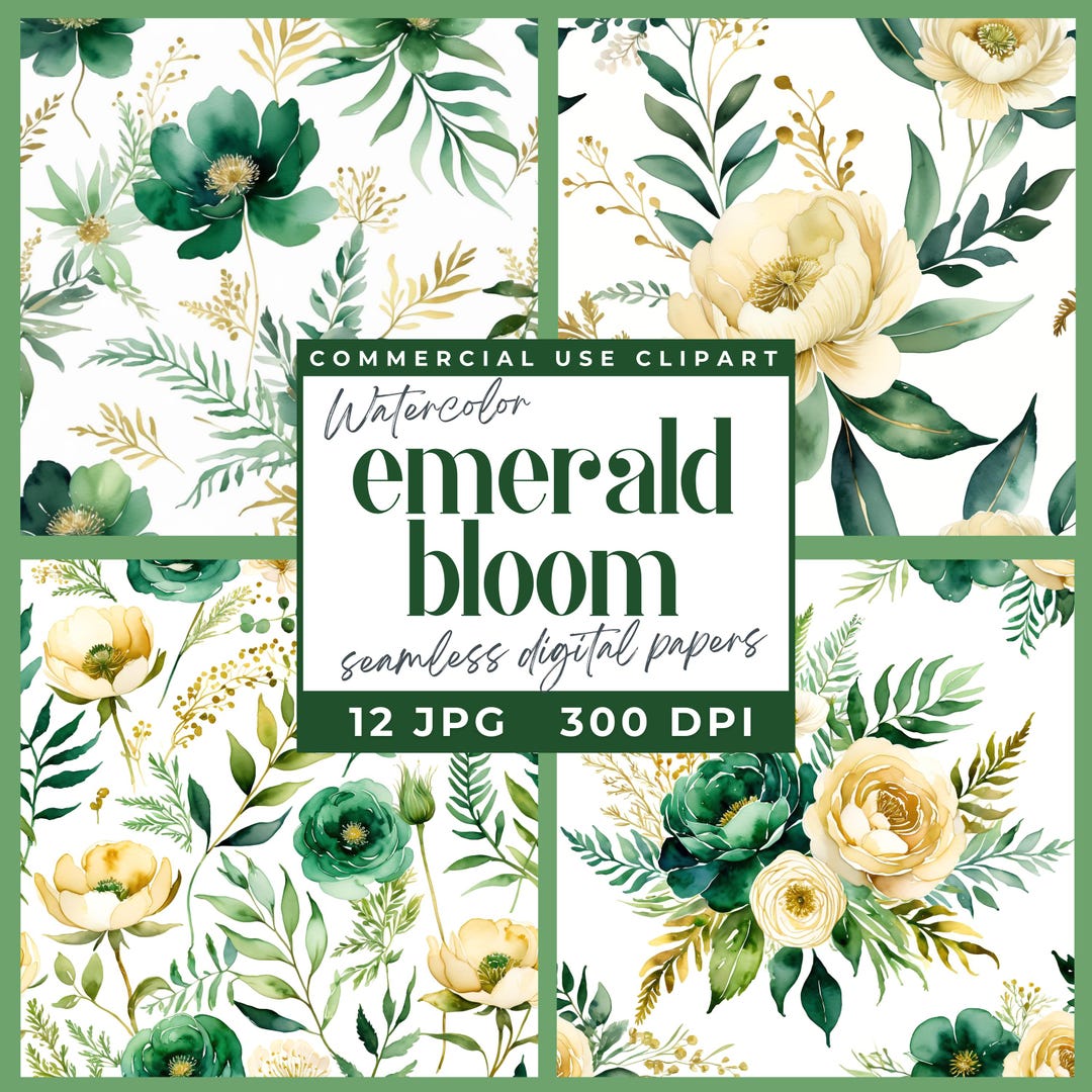 Emerald Green and Gold Flower Clipart, Watercolor Floral Digital Paper ...