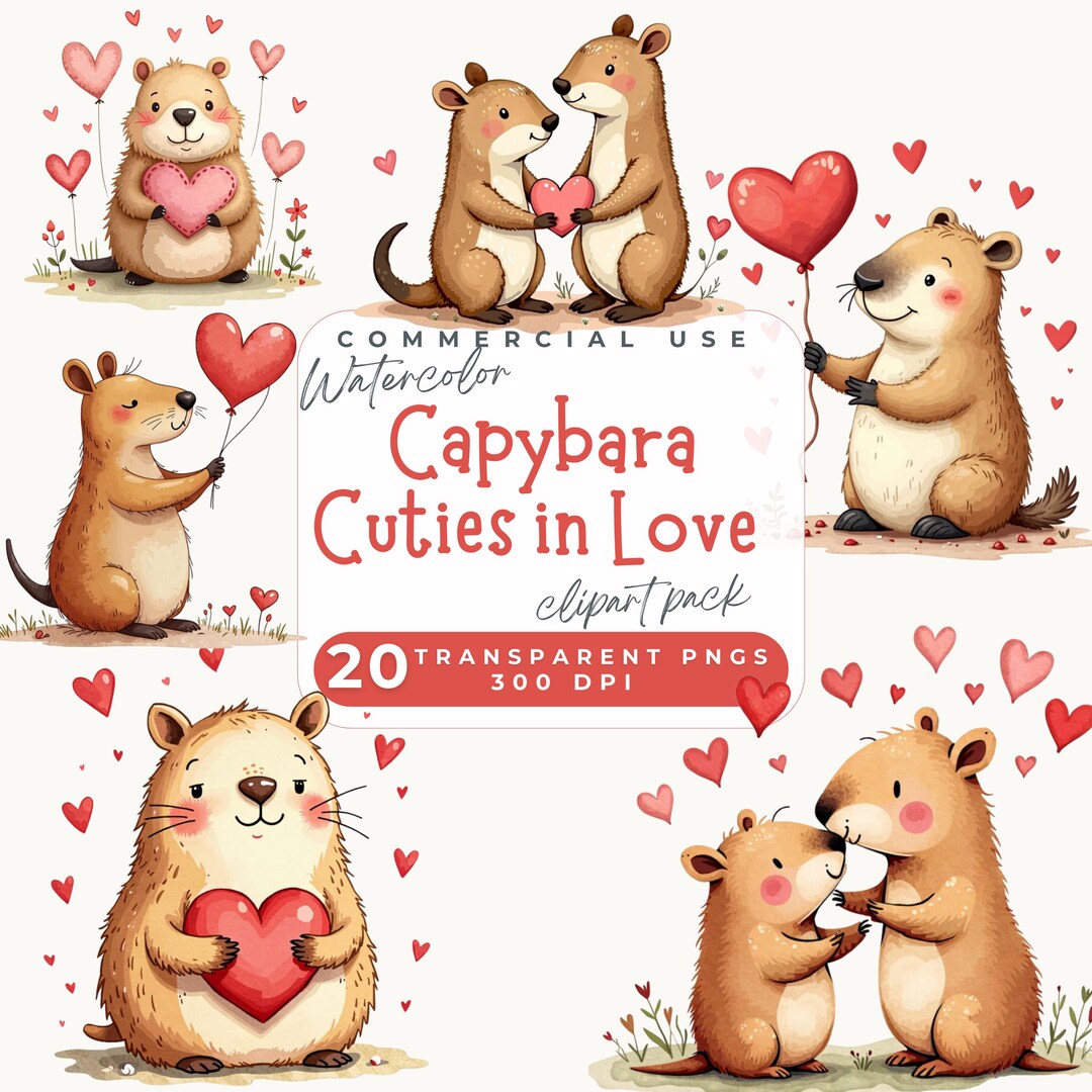 Capybara Valentine Clipart, Cute Capybara Clipart Bundle, Valentine's ...