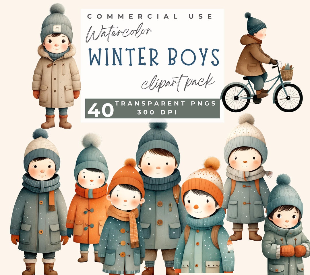 Cute Boy Winter Clipart, Christmas Cute Kids Clip Art PNG Watercolor ...