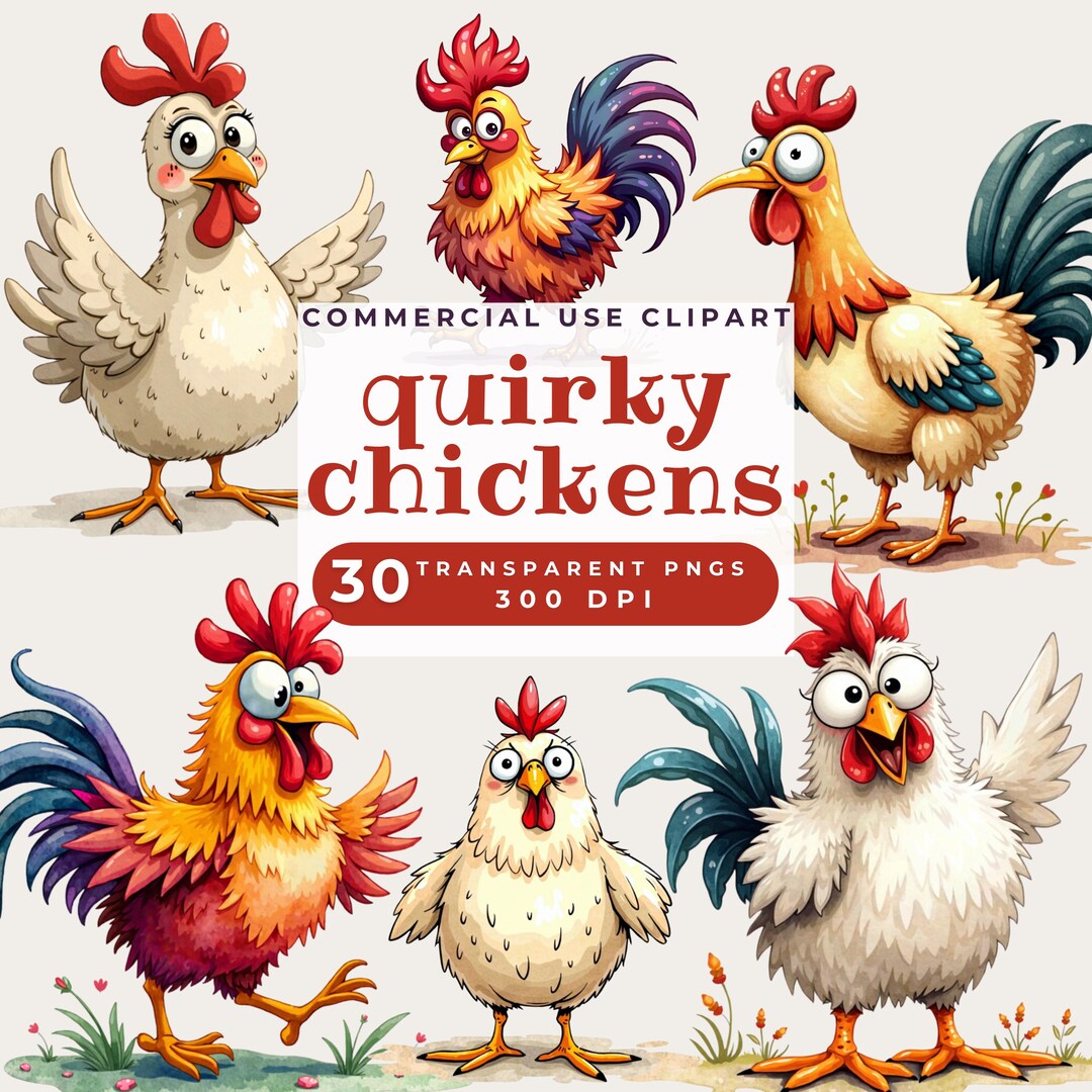 Cute Quirky Chicken Clipart, Funny Chicken Clip Art, Whimsical Crazy ...