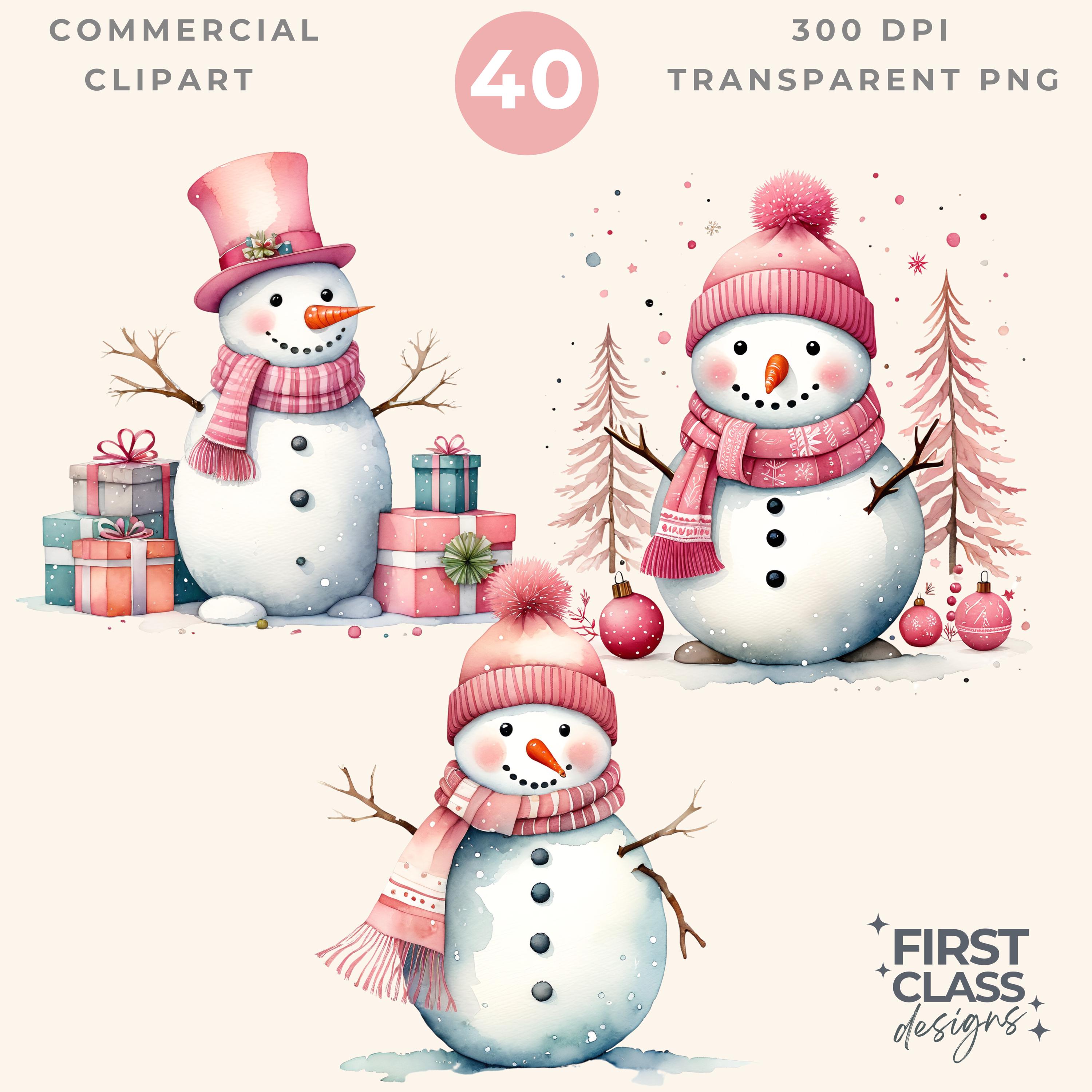 Cute Pink Snowman Clipart, Pretty in Pink Snowmen PNG, Watercolor Cute ...