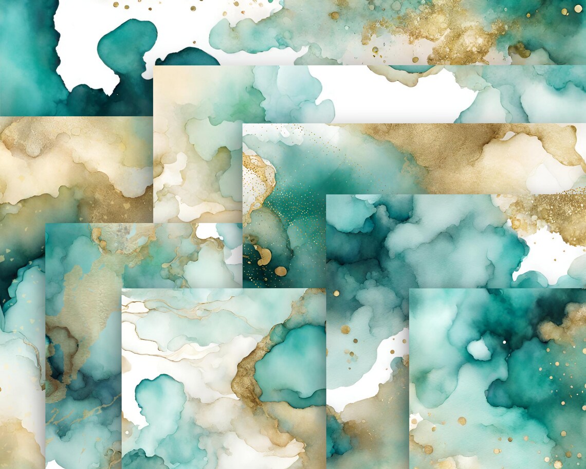 Teal and Gold Texture Clipart, Teal and Gold Alcohol Ink Digital Papers ...