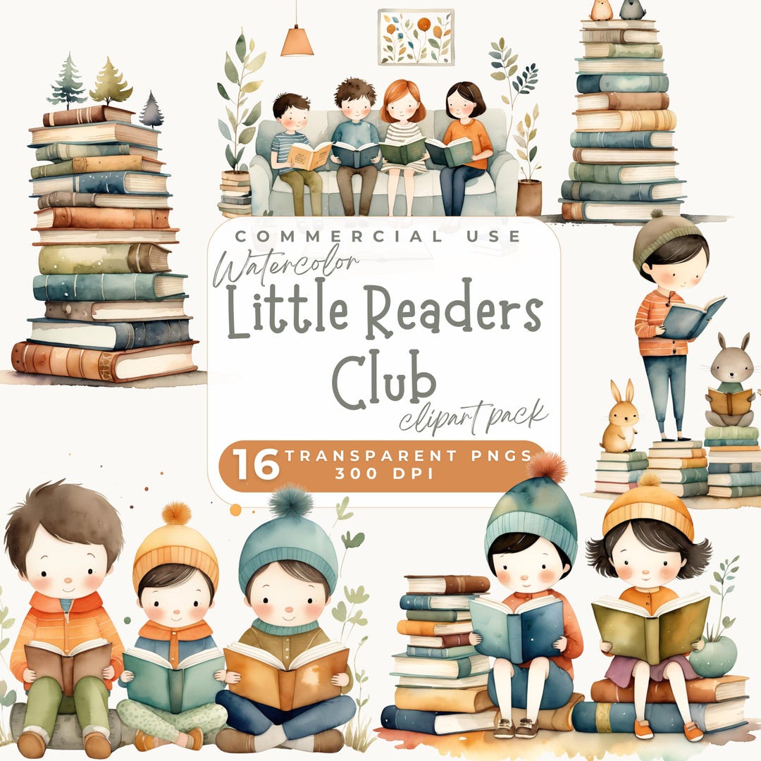 Bookclub Clipart, Little Readers Clip Art PNG, Children Reading Books ...