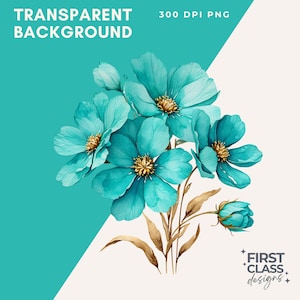 Turquoise Flowers Clipart, Turquoise Floral Clip Art PNG, Watercolor ...