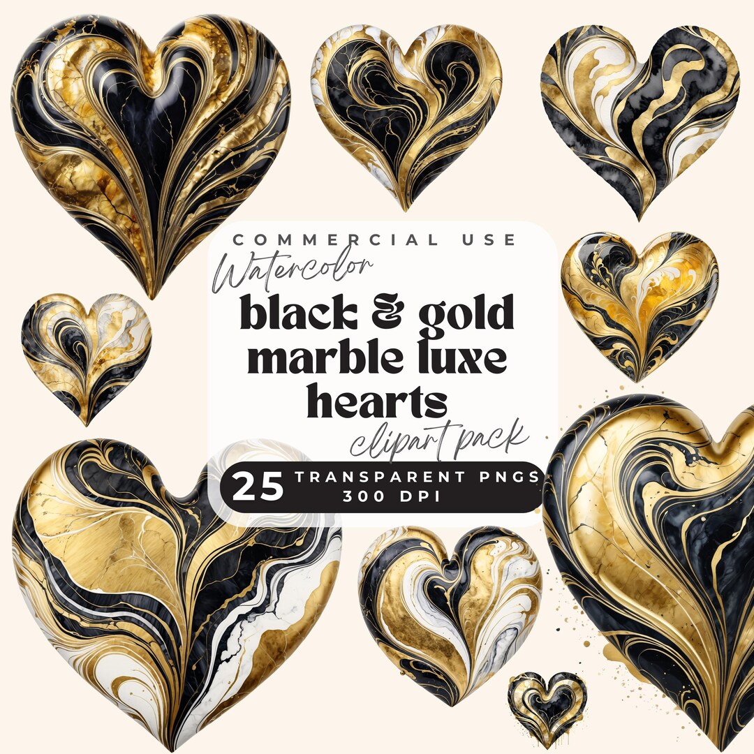 Watercolor Black and Gold Marble Hearts Clipart PNG, Digital Hearts for ...