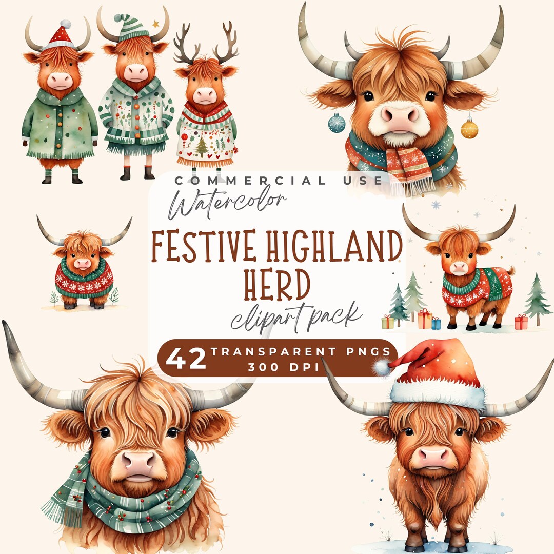 Christmas Highland Cow Clipart Pack Cute Christmas Highland Cows Clip ...