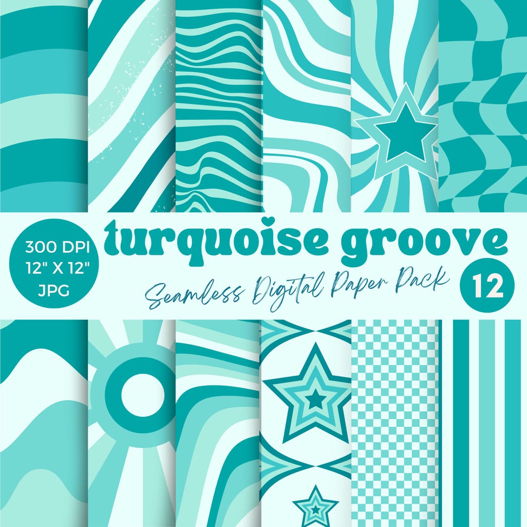 Retro Groovy Digital Paper, Turquoise Groovy Paper Pack, Seamless ...