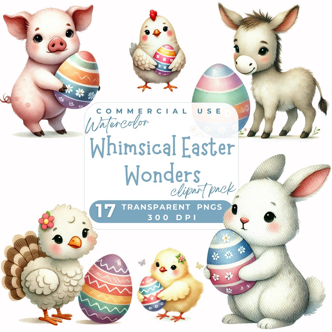 Whimsical Easter Clipart Pack, Cute Farm Animals & Eggs, Watercolor ...