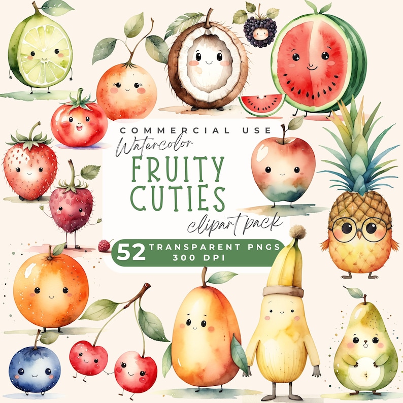 Funny Fruit Clipart, Cute Fruit Clipart, Whimsical Fruit PNG, Cute ...
