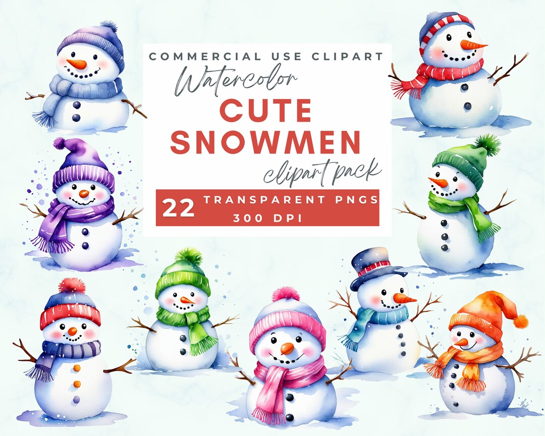 Cute Watercolor Snowmen Clipart, Christmas Snowman Clipart, Card Making ...