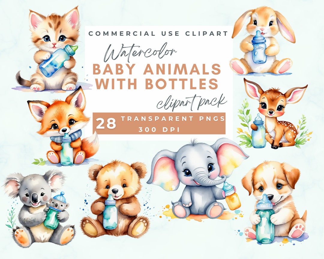 Animals With Baby Bottle Watercolor Clipart, Watercolor Baby Animals ...