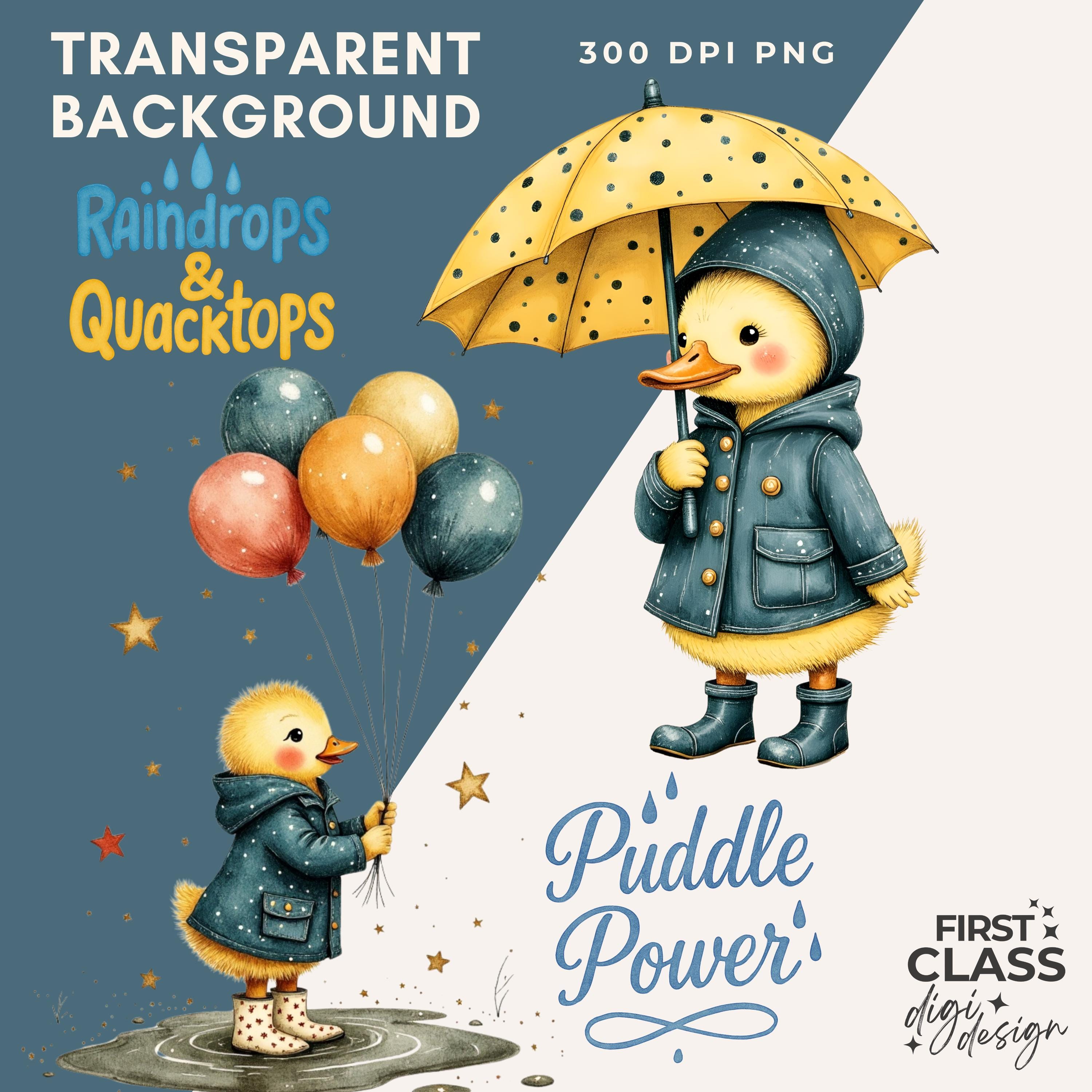 Rainy Day Duck Clipart Pack, Cute Duckling Pngs With Umbrellas, Spring ...