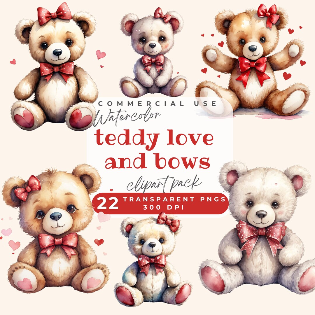 Teddy Love and Bows Clipart Cute Valentine’s Day Teddy Bears With ...
