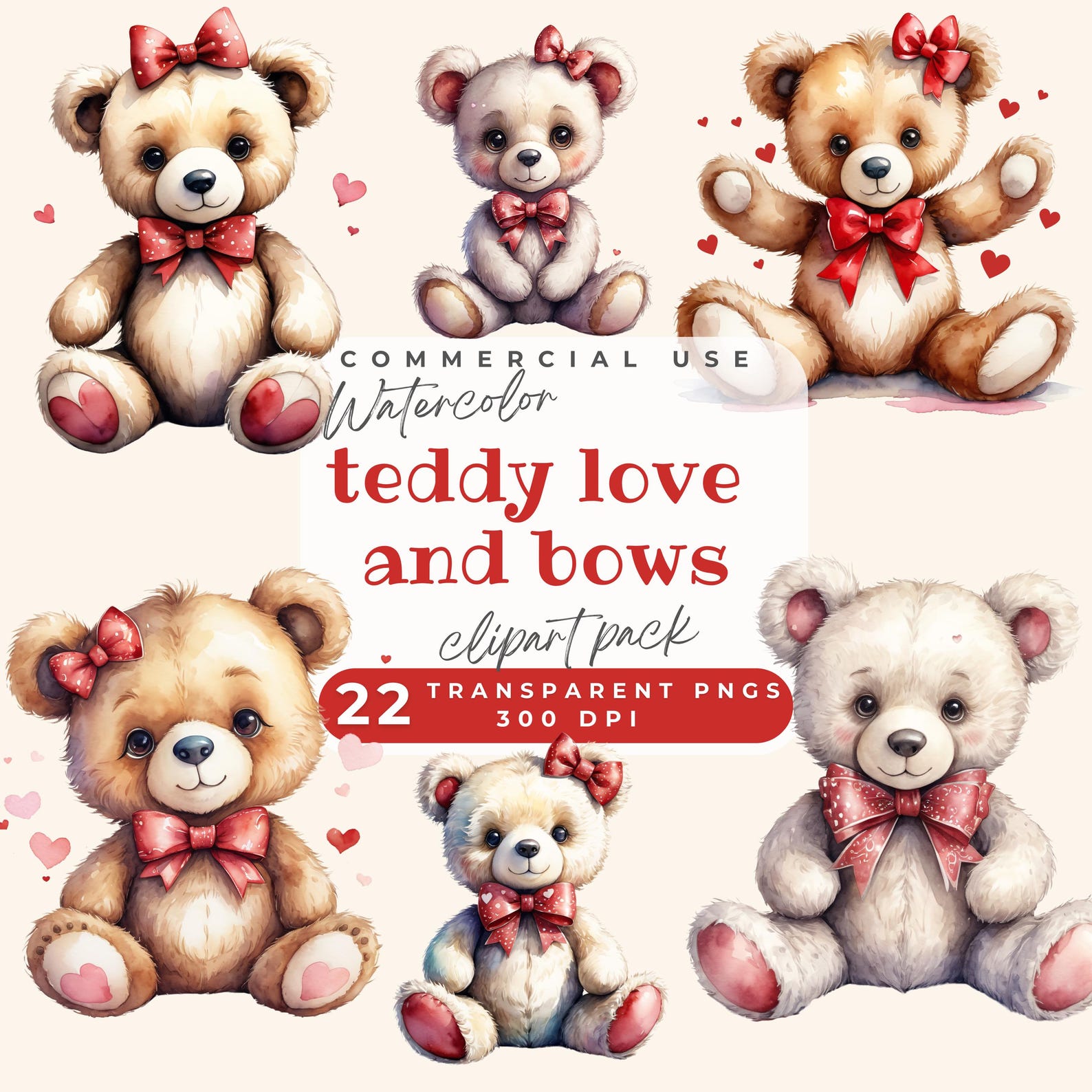 Teddy Love and Bows Clipart Cute Valentine’s Day Teddy Bears With ...