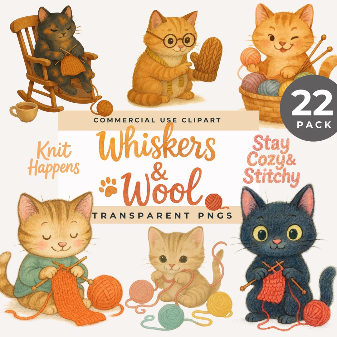 Cat Knitting Clipart, Knitting Cats PNG Bundle, Cute Knitting Cat Clip ...