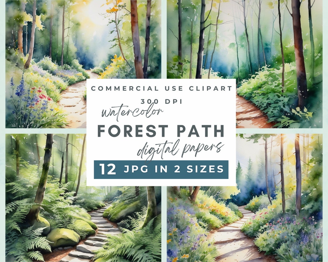 Watercolor Forest Path Clipart JPG, Watercolor Forest Path Digital ...