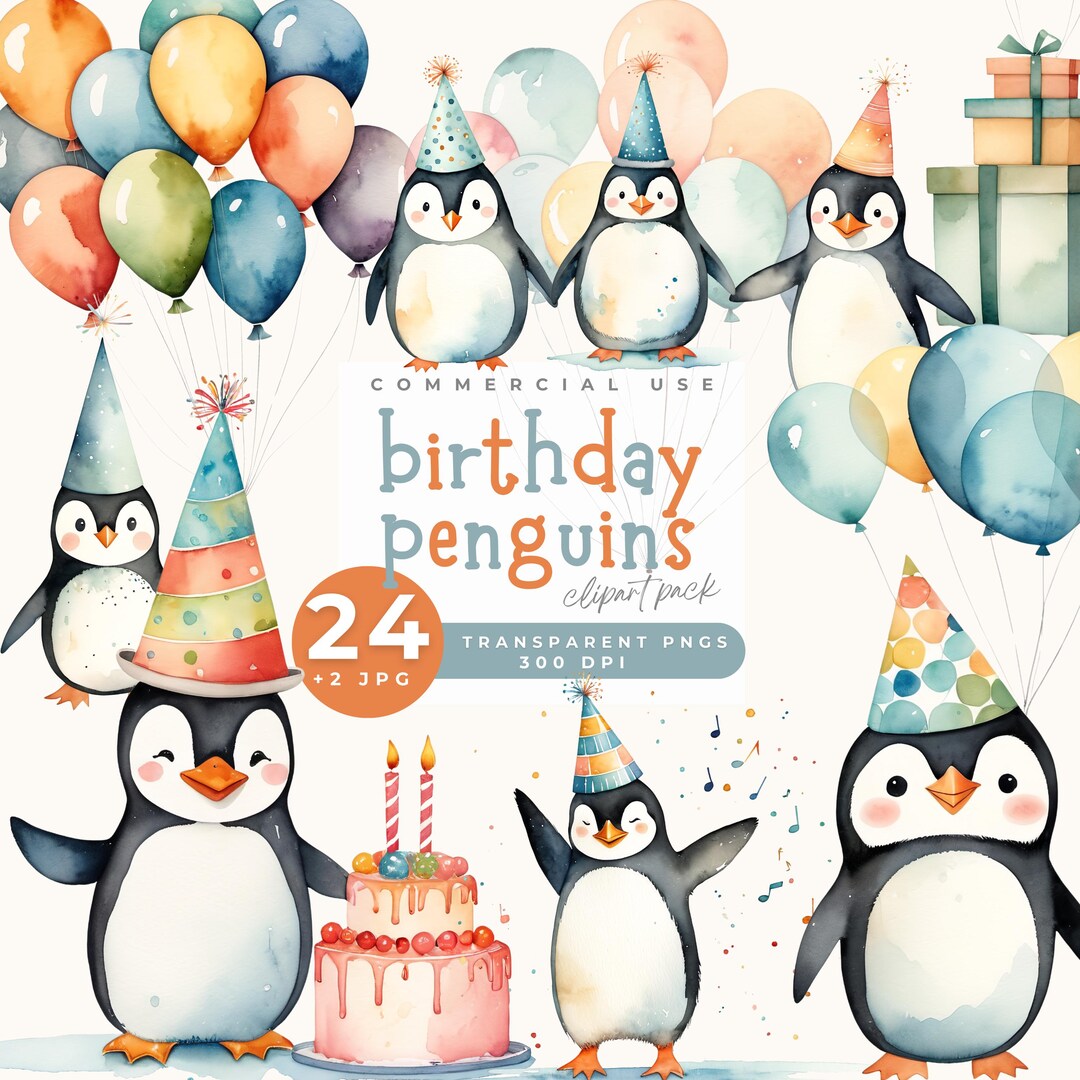 Penguin Birthday Clipart, Party Animal PNG, Cute Penguin Art, Balloon ...