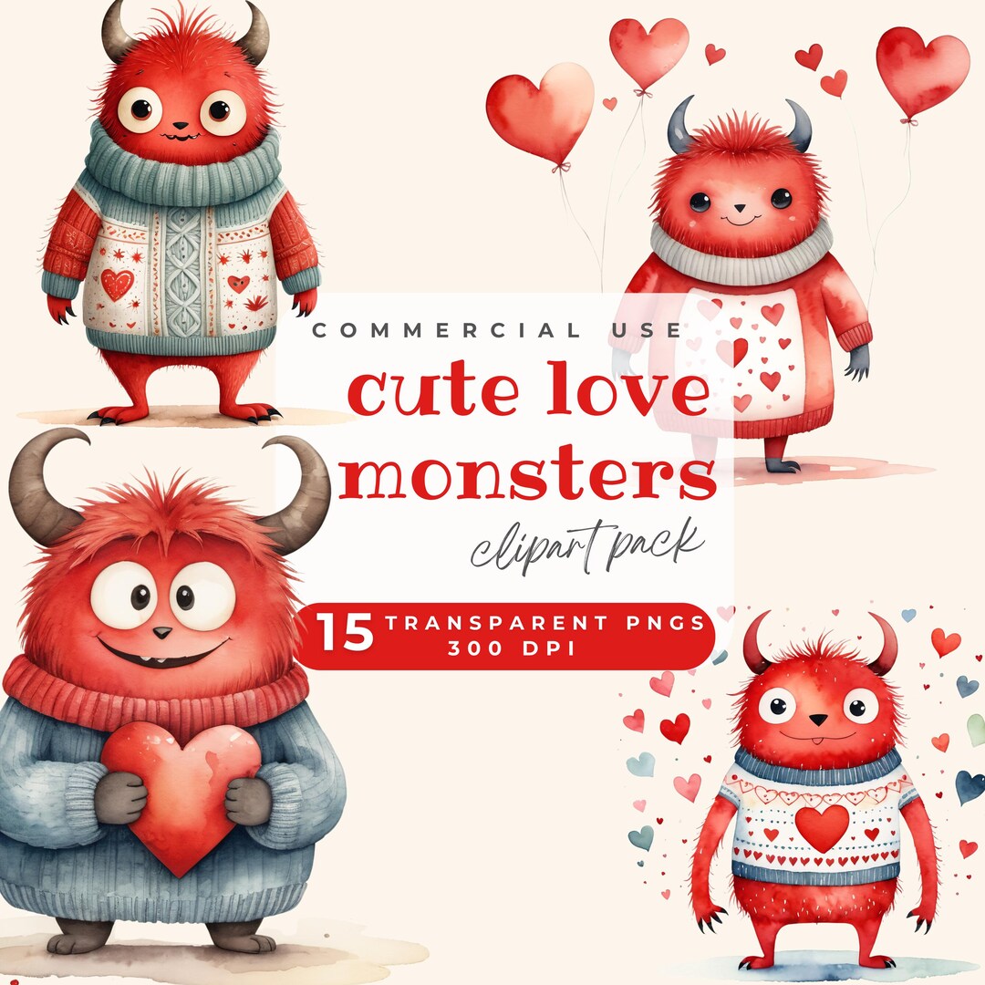 Watercolor Cute Monster Clipart, Valentine's Love Monster Clipart PNG ...