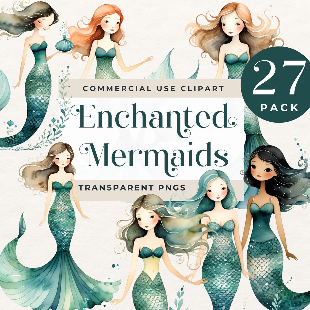 Watercolor Mermaid Clipart Enchanted Mermaids, Ocean Clip Art Set ...