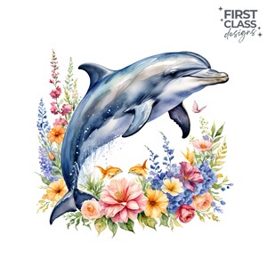 Watercolor Floral Dolphin Clipart JPG on White Background, Summer ...