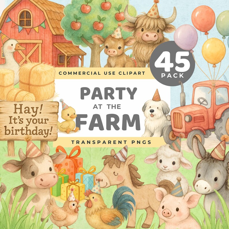 Farm Animals With Birthday Hats Clipart, Party on the Farm, Cute Farm ...
