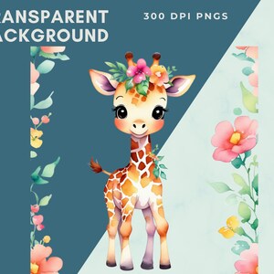 Watercolor Cute Giraffe Clipart, Baby Giraffe PNG, Floral Giraffe ...