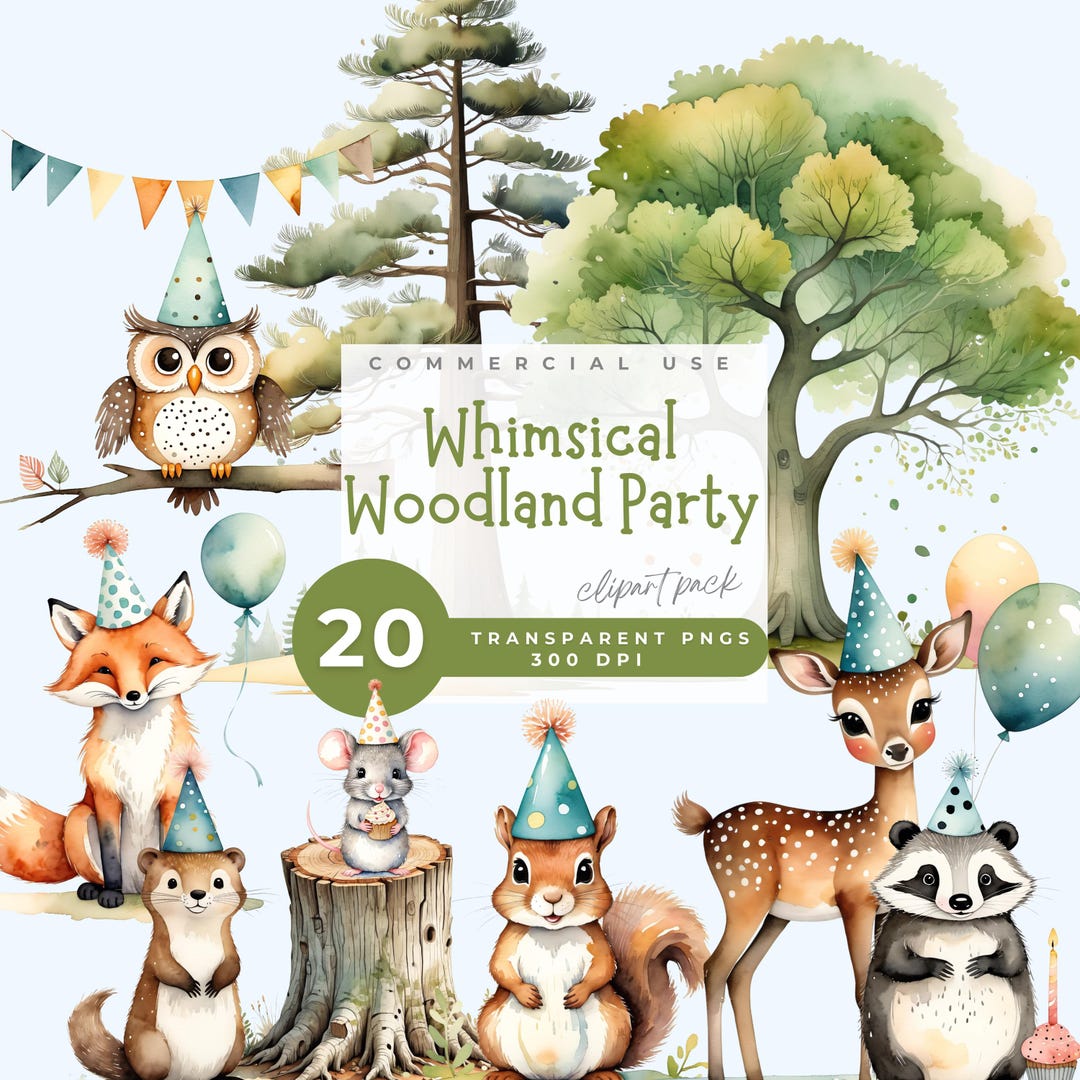 Woodland Animals Birthday Party Clipart, Whimsical Forest Animals PNG ...