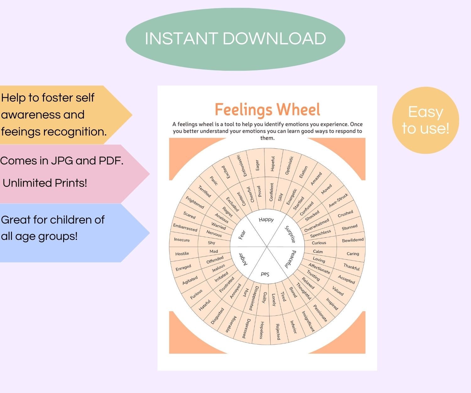 Feelings Wheel for Kids, Feelings Printable Worksheet, Self Esteem ...