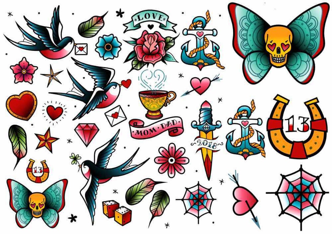 Old School Tattoo Set - Temporary Tattoos - A5 Sheet - Etsy