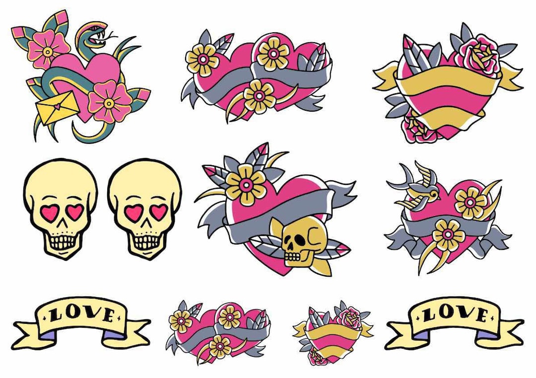Old School Love Tattoos - Temporary Tattoos - A5 Sheet - Etsy