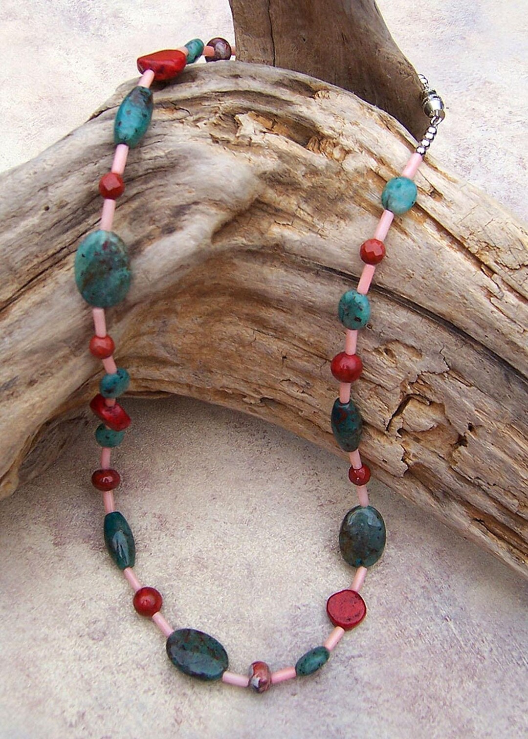 Jade and Coral Gemstone Necklace, Handmade Single Strand Multi-stone ...