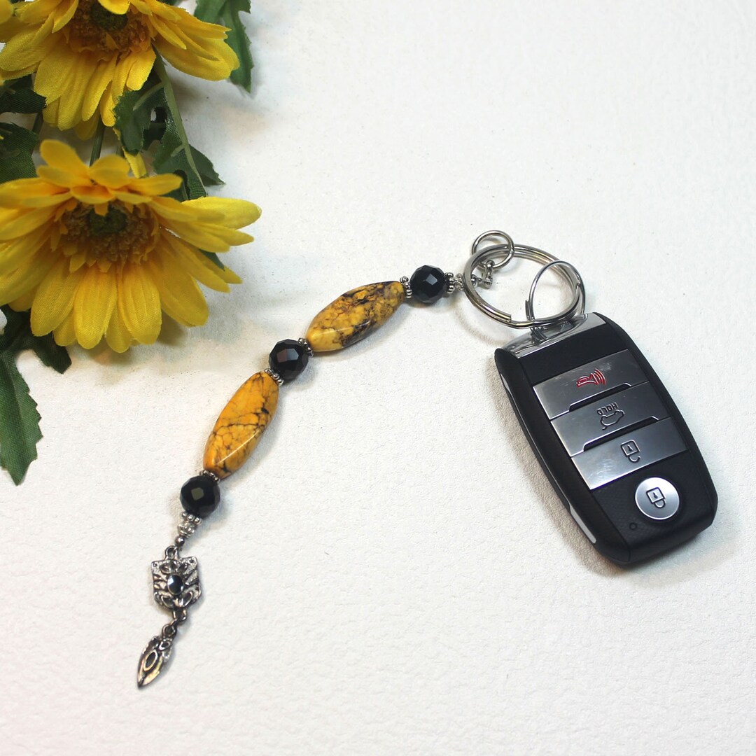 Long Yellow Stone Key Chain, Yellow Turquoise and Black Onyx, Gemstone ...