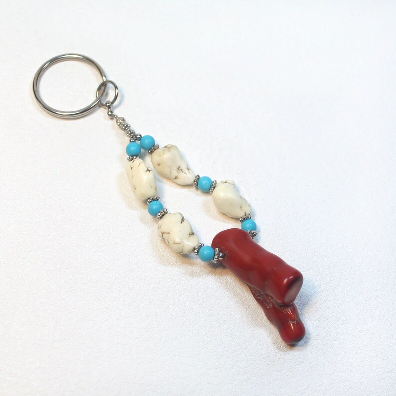 Large Coral Key Chain, Gemstone Purse Accessory, Howlite and Turquoise ...