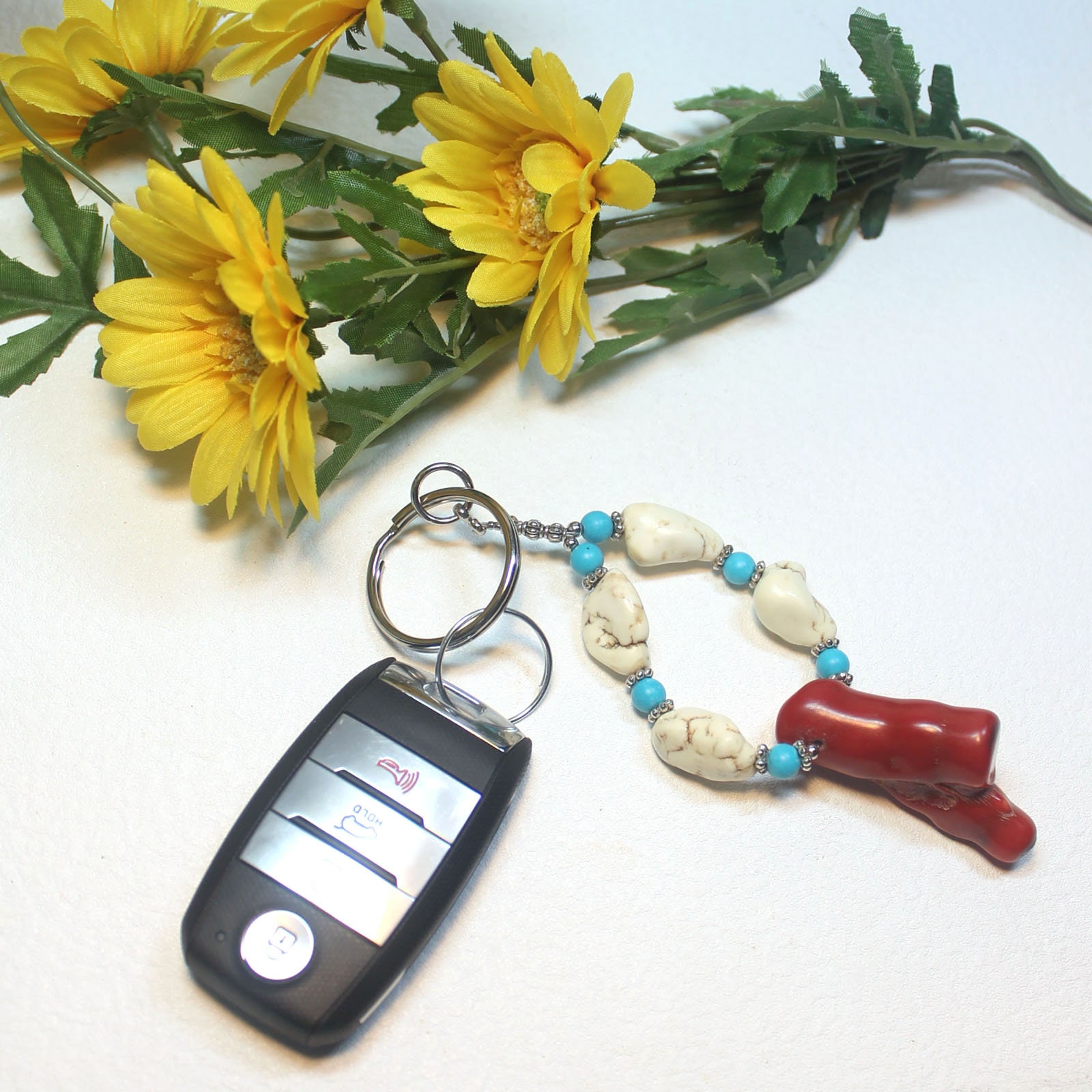 Large Coral Key Chain, Gemstone Purse Accessory, Howlite and Turquoise ...