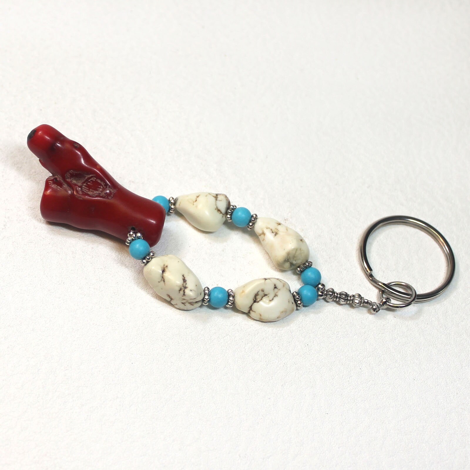 Large Coral Key Chain, Gemstone Purse Accessory, Howlite and Turquoise ...