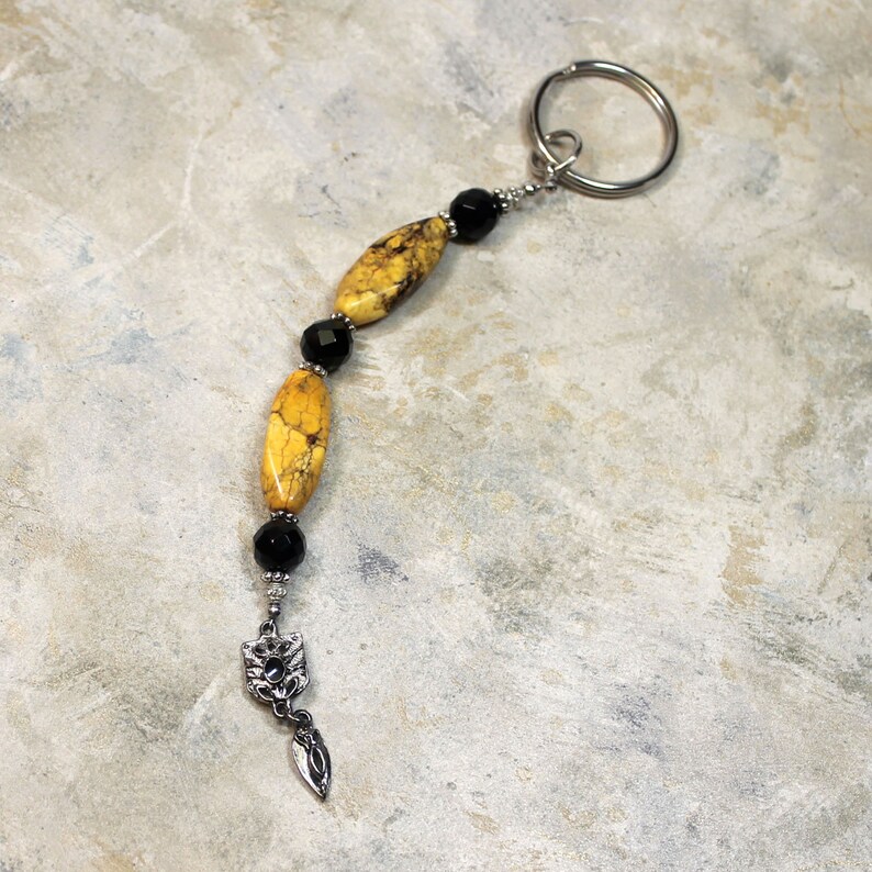 Long Yellow Stone Key Chain, Yellow Turquoise and Black Onyx, Gemstone ...