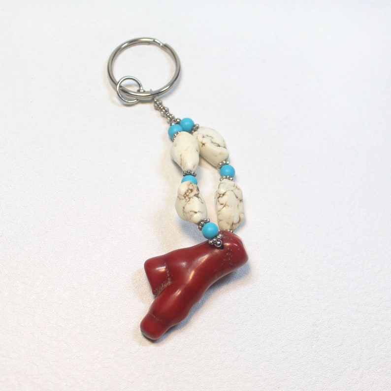 Large Coral Key Chain, Gemstone Purse Accessory, Howlite and Turquoise ...