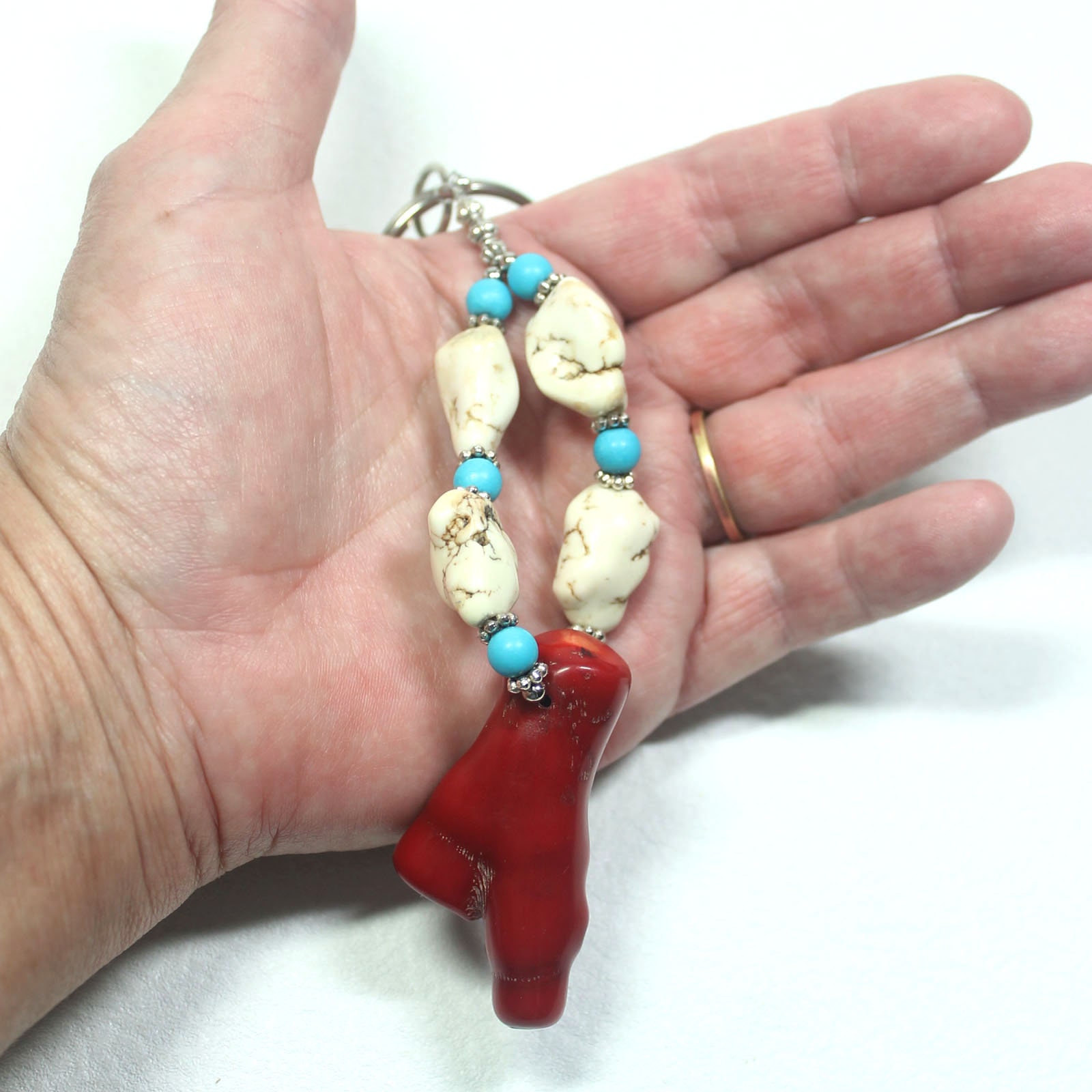 Large Coral Key Chain, Gemstone Purse Accessory, Howlite and Turquoise ...