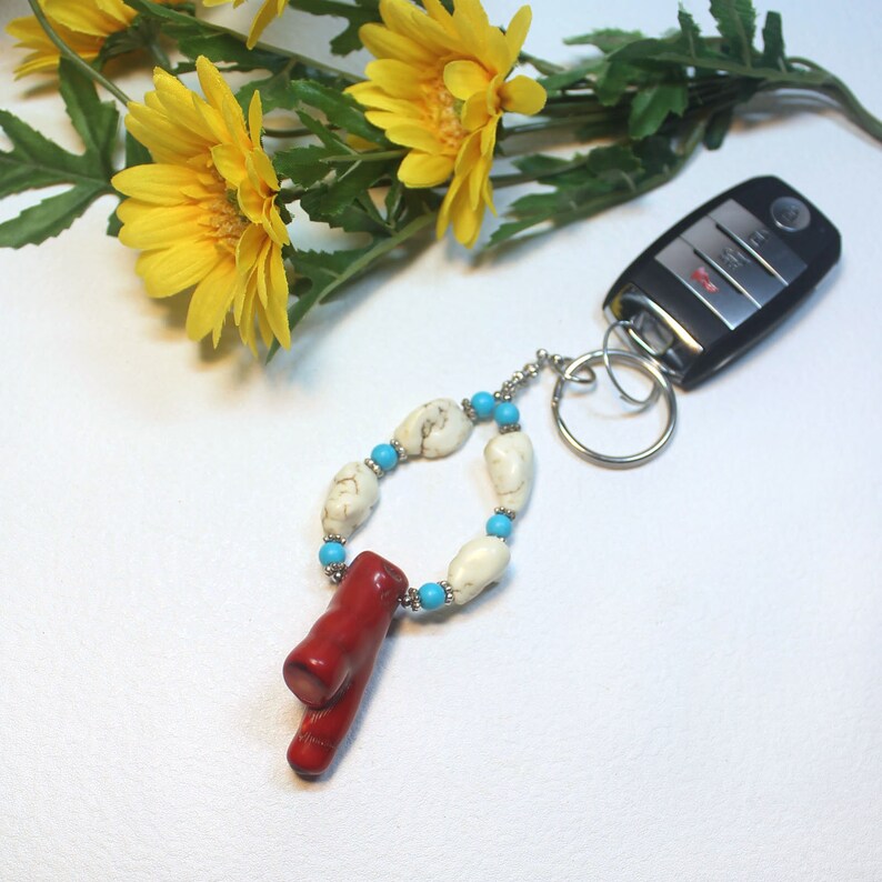 Large Coral Key Chain, Gemstone Purse Accessory, Howlite and Turquoise ...