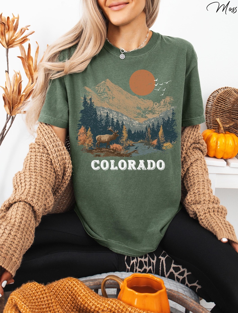 Comfort Colors Colorado Shirt, Mountain Landscape Graphic Tee, Elk ...