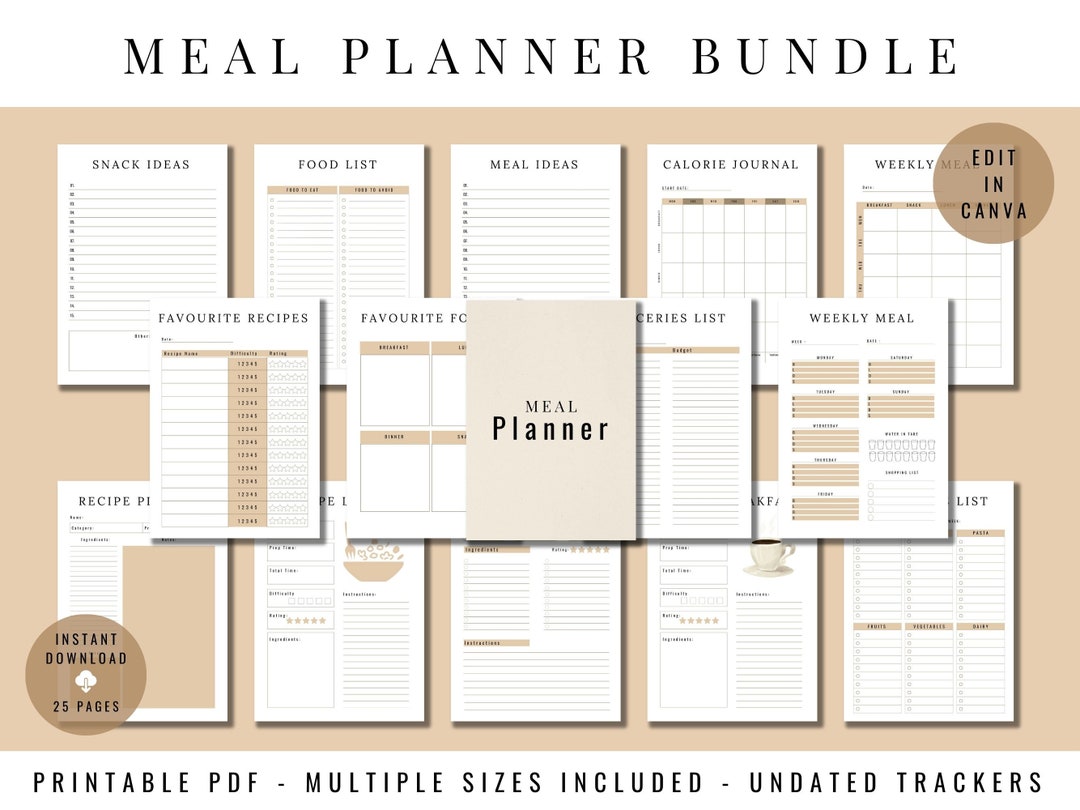 Editable Beige Meal Planner Bundle: Daily, Weekly, Monthly Planners ...